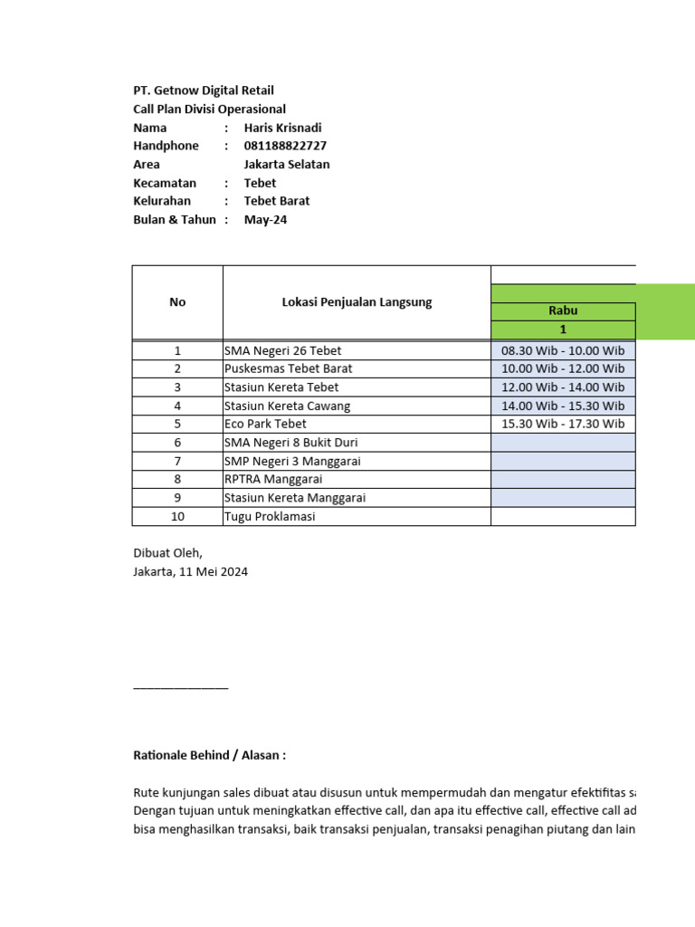 Contoh Rute Sales PT. Getnow Digital Retail | PDF