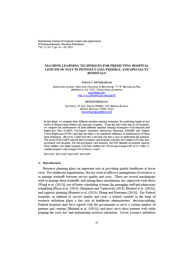 Machine Learning Techniques For Predicting Hospital | PDF | Regression Analysis | Machine Learning