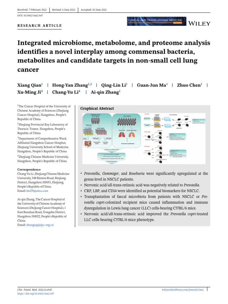 Clinical Translational Med - 2022 - Qian - Integrated Microbiome Metabolome and Proteome ...