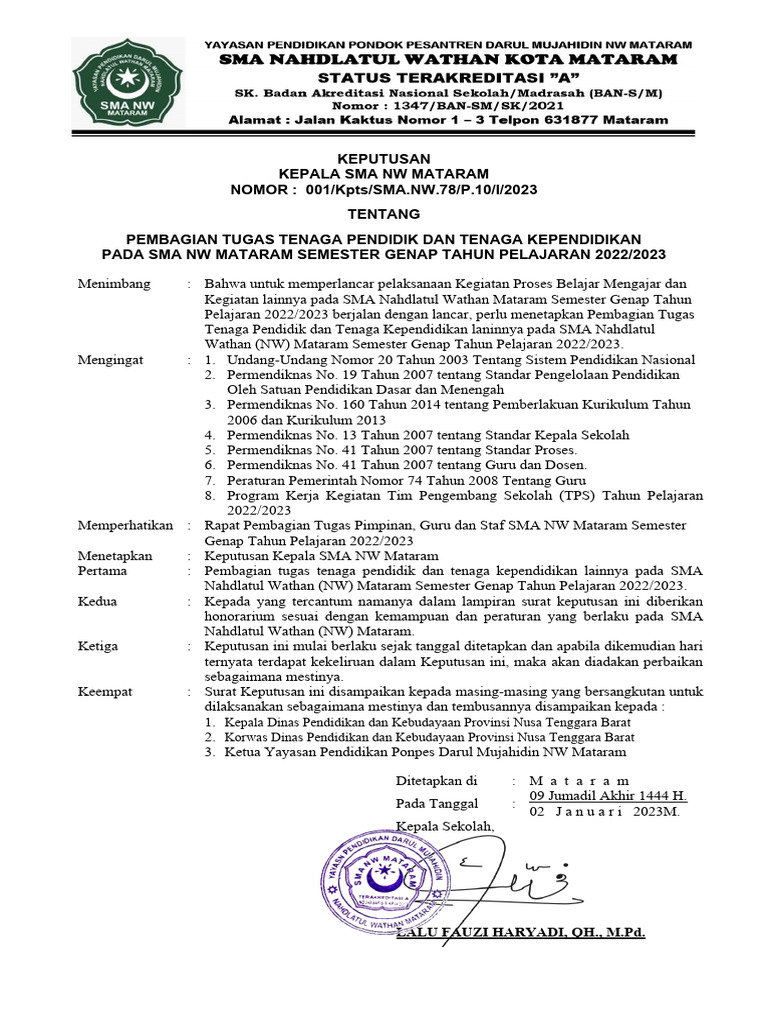 SK Pembagian Tugas Guru GENAP 22.23 | PDF