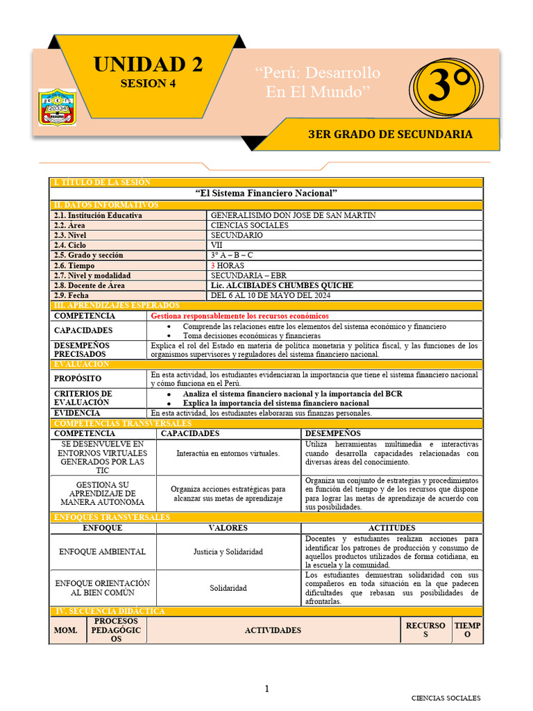3º SESIONES SEM 4 UNI 2 - CCSS 2024 | PDF | Sistema financiero | Evaluación