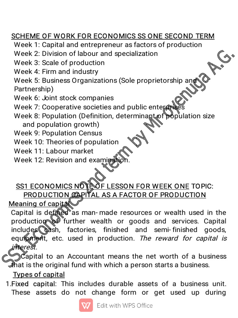 2ND Term SS1 Economics Notes | PDF