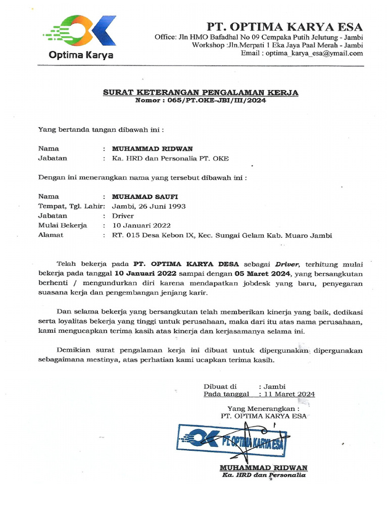 Surat Pengalaman Kerja - Pt. Optima Karya Esa - Muhamad Saufi | PDF