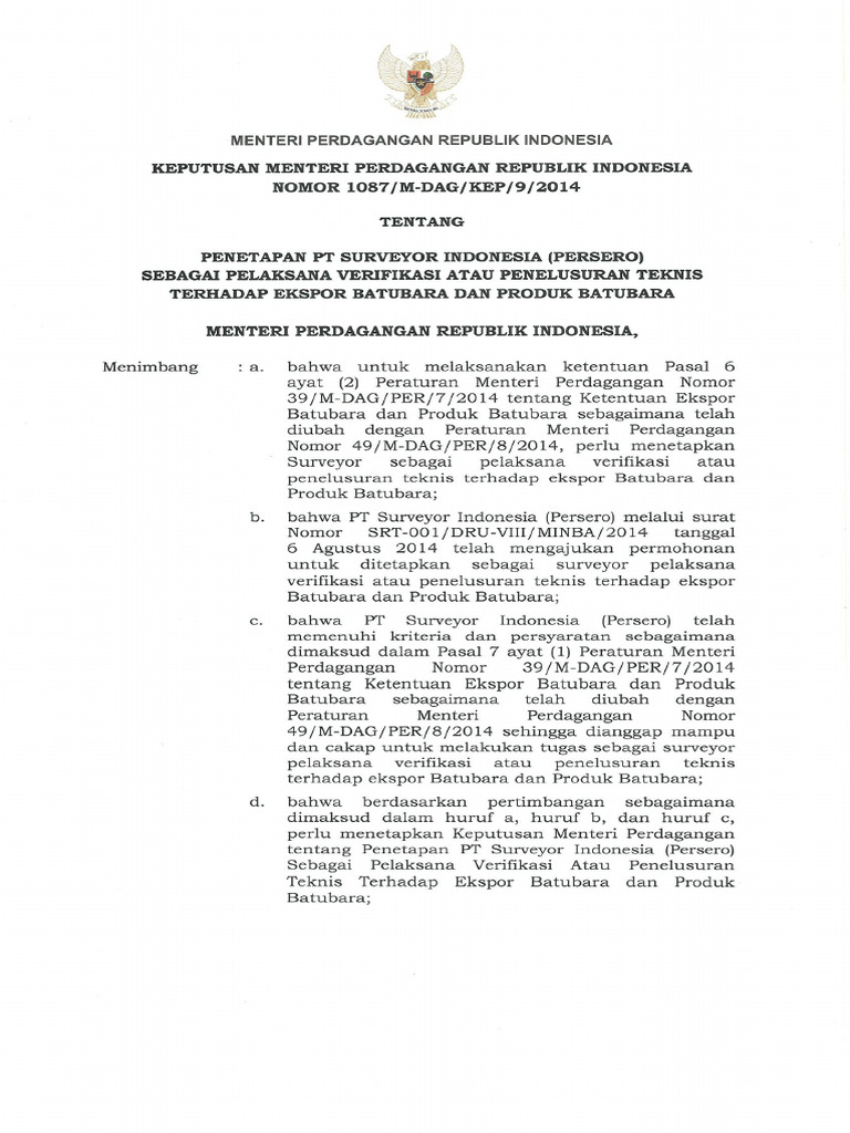 1080 Mdag Kep 9 TH 2014 Tentang Penetapan Ptsi Sebagai Pelaksana Ve Batubara | PDF