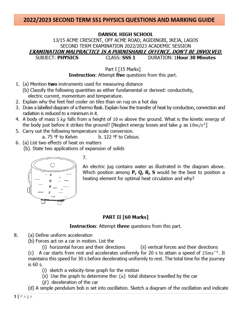 2022 2023 2nd Term Ss1 Physics Questions and Marking Guide - 111720 ...