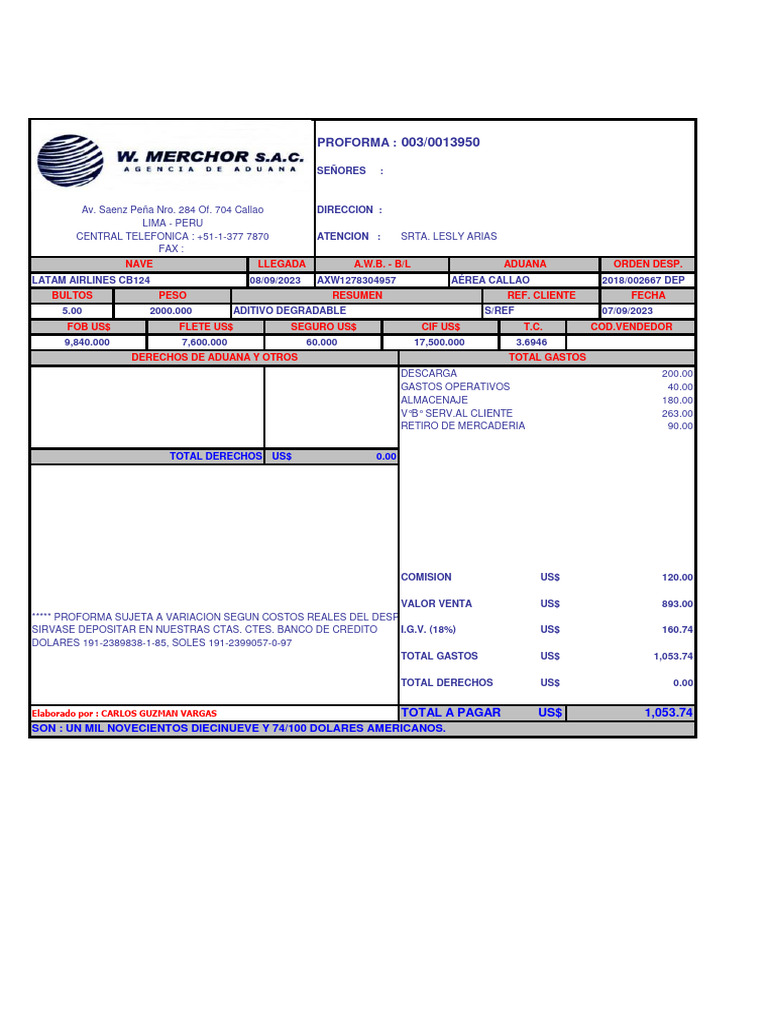 Proforma - 631011394 - MERCHOR - BY AIR | PDF | Bancario
