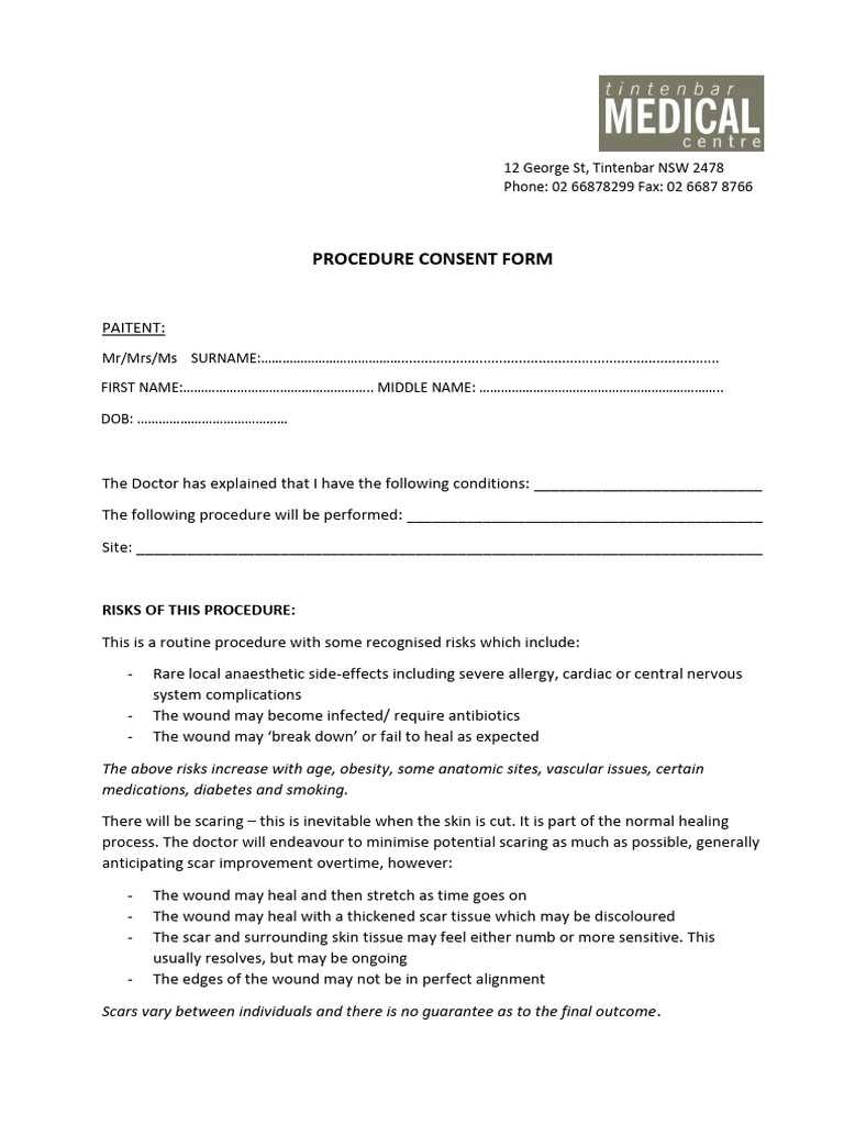 Procedure Consent Form | PDF | Wound | Scar