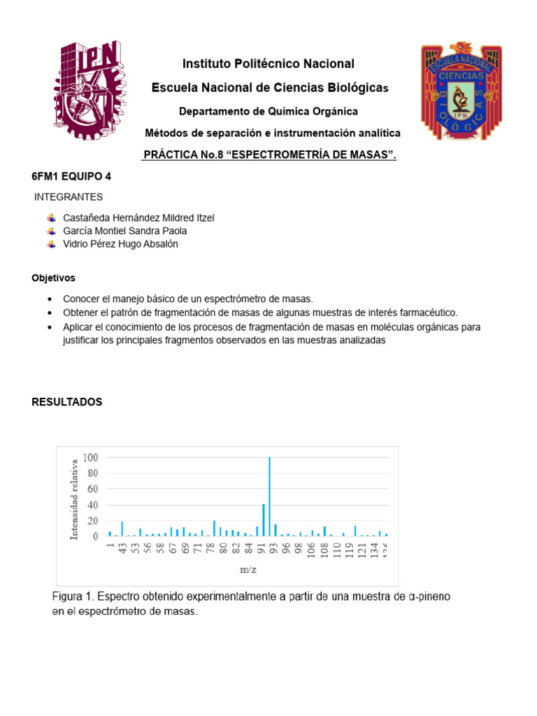 Reporte p8 Espectrometria de Masas | PDF | Espectrometría de masas | Espectrómetro