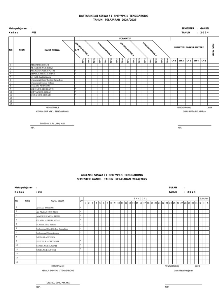 Absen Dan Nilai SMP Ypk | PDF