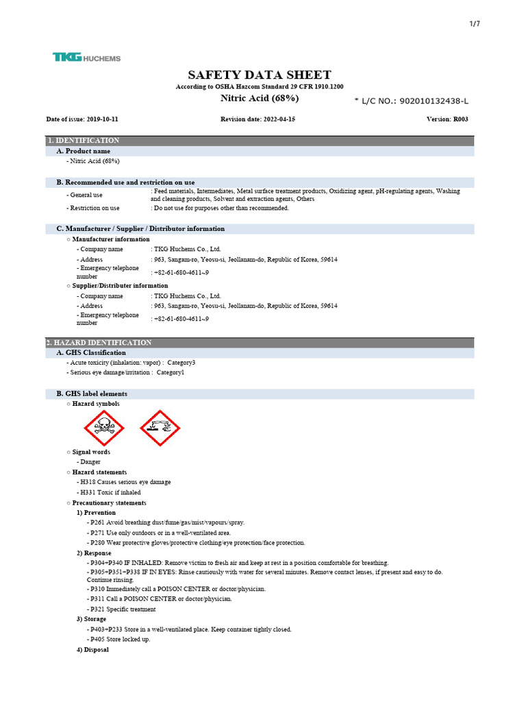 Kolon - HNO3 68% MSDS | PDF | Waste | Dangerous Goods