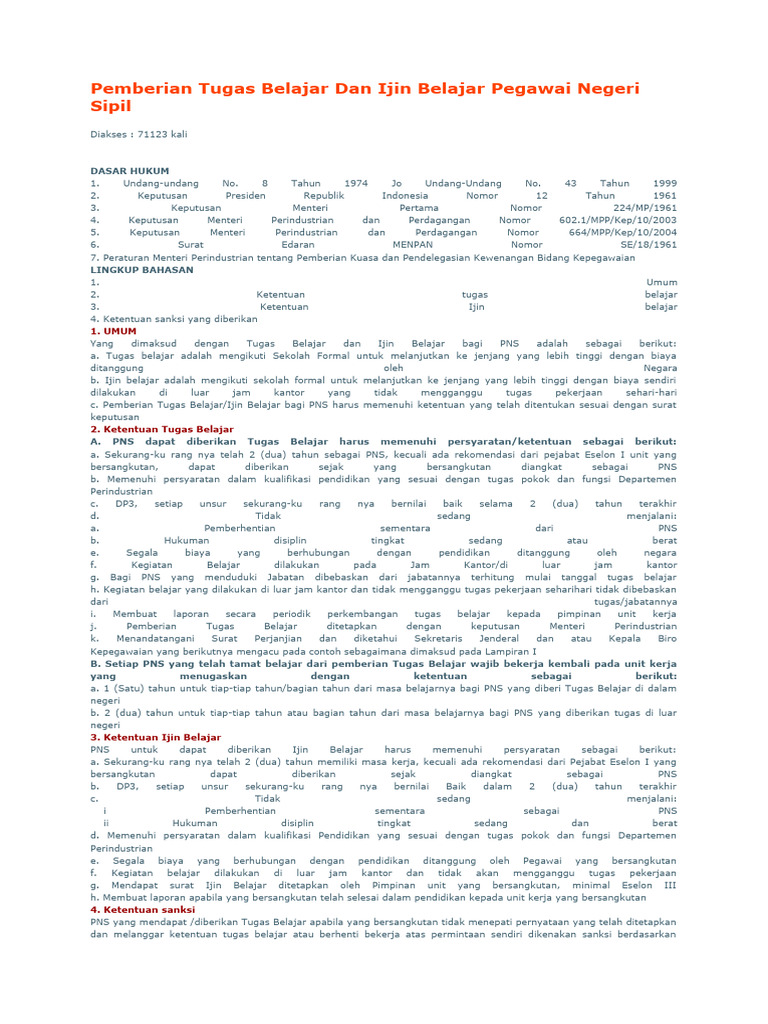 Pemberian Tugas Belajar Dan Ijin Belajar Pegawai Negeri Sipil | PDF