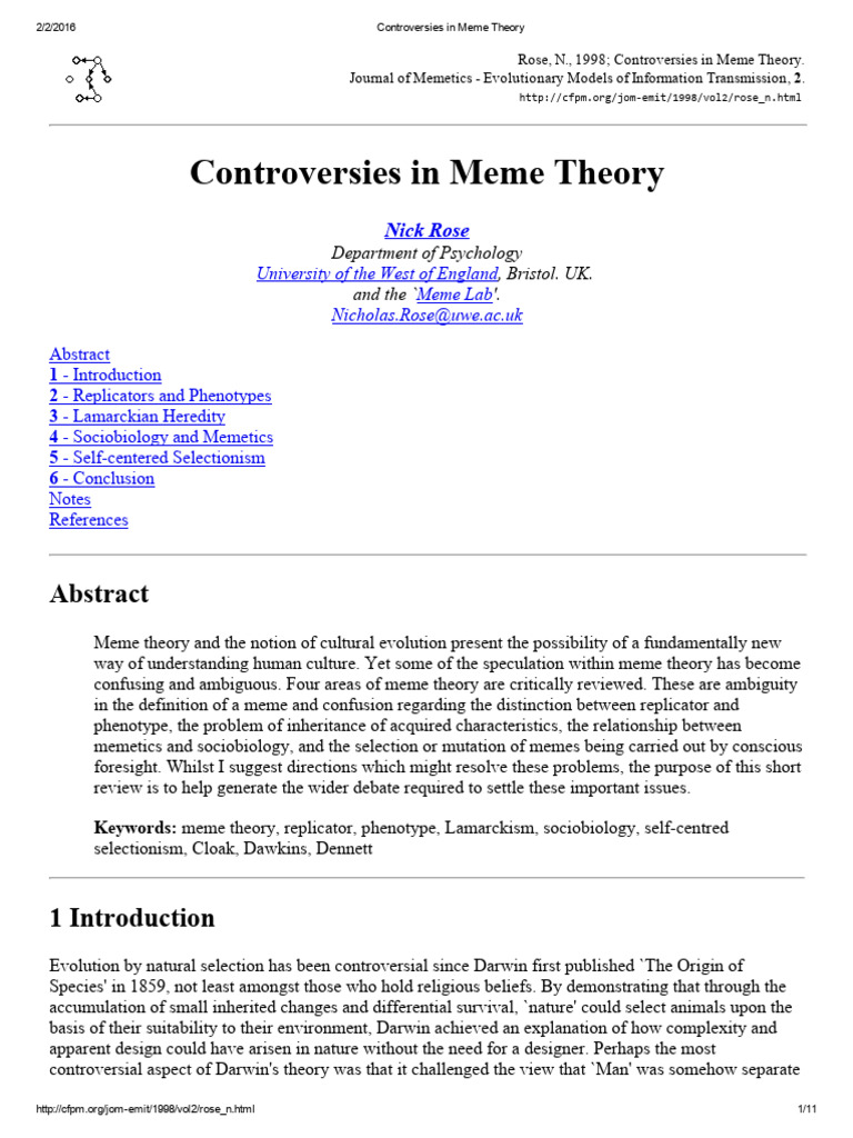 Controversies in Meme Theory | PDF