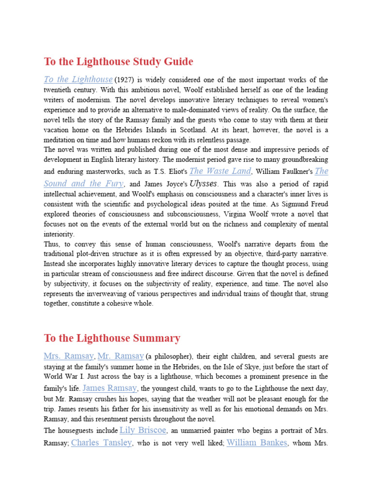 To The Lighthouse Study Guide | PDF | To The Lighthouse | Bloomsbury Group