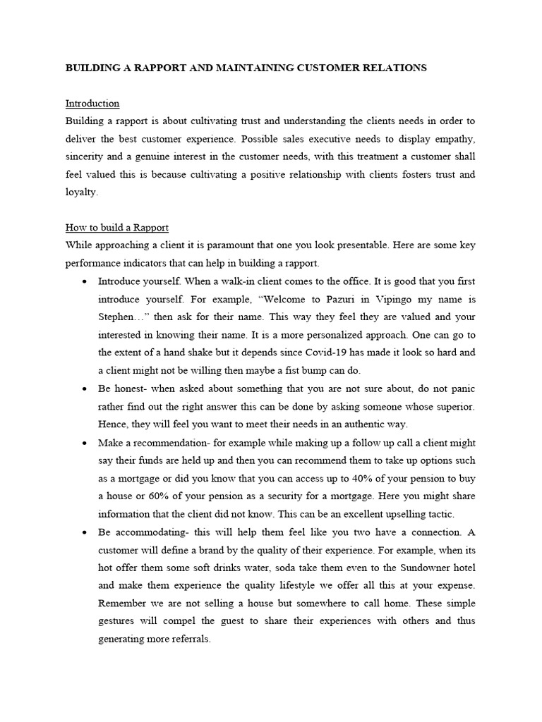 Building A Rapport and Maintaining Customer Relations | PDF | Customer Building A Rapport and Maintaining Customer Relations | PDF | Customer