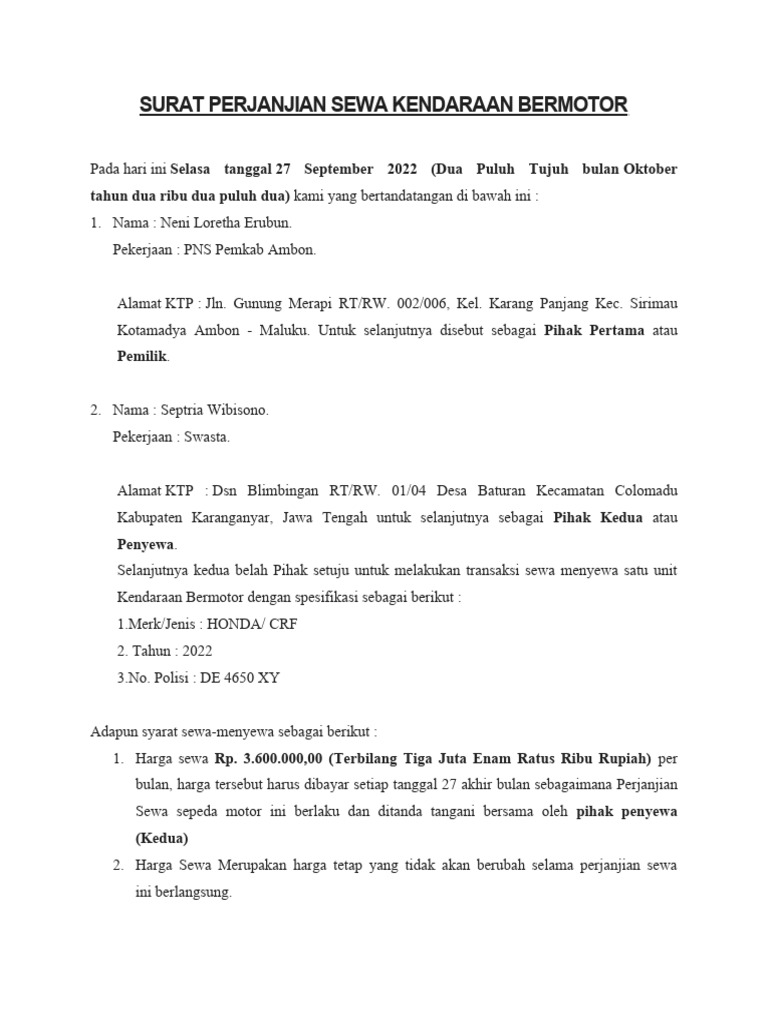 Surat Perjanjian Sewa Kendaraan Bermotor Pdf