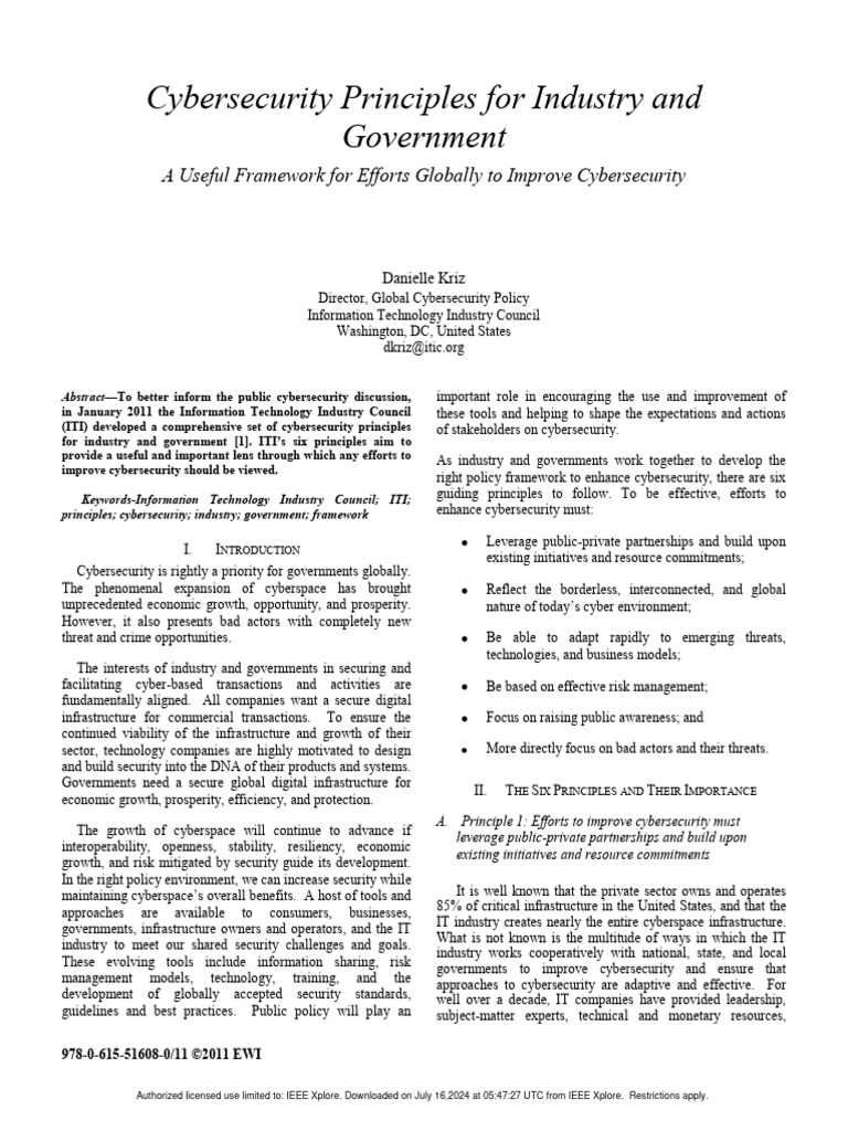 Cybersecurity Principles For Industry and Government A Useful Framework For Efforts Globally To ...