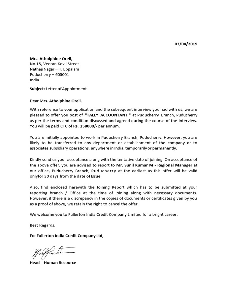 Fullerton Offer letter | Download Free PDF | Salary | Employment