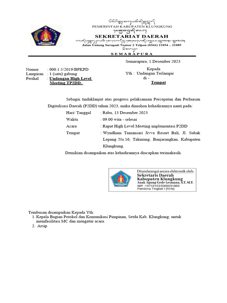 SURAT Sekda Ke HLM TP2DD 2023 | PDF