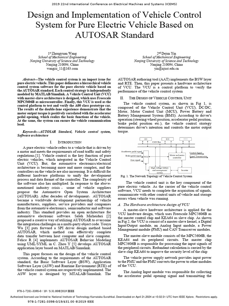 Design and Implementation of Vehicle Control System For Pure Electric ...
