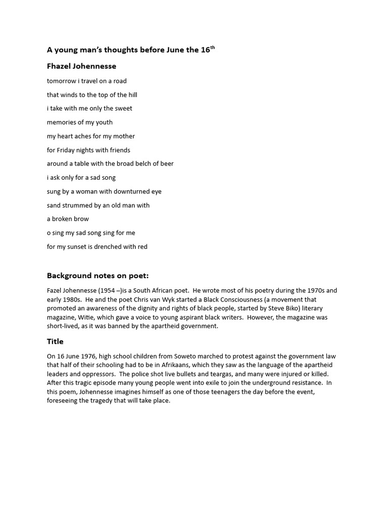 A Young Mans Thoughts Before June The 16th | PDF | Art | Poetry