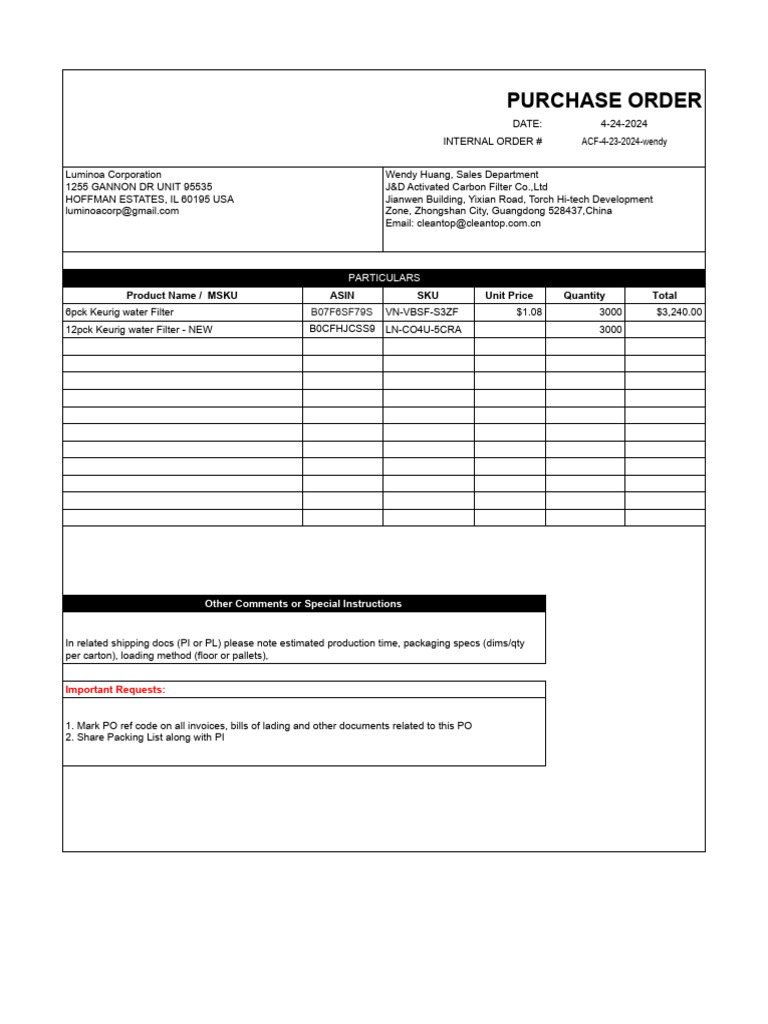 Purchase Order for Keurig Filters | PDF
