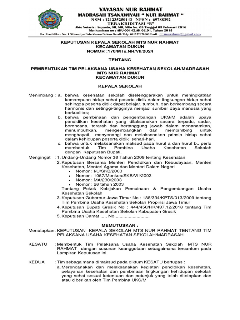 Pembentukan Tim UKS MTs Nur Rahmat | PDF