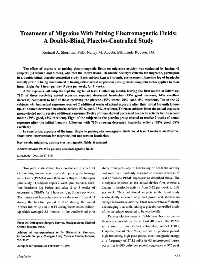 Treatment of Migraine and Headaches With Pulsing Electromagnetic Fields - A Double-Blind ...