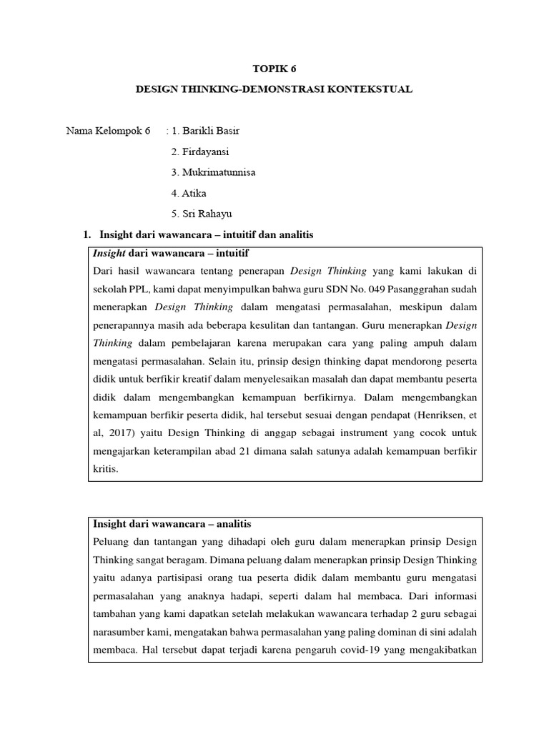 Tugas T6-Demonstrasi Kontekstual-Design Thinking-Kelompok 6 | PDF | Karier & Perkembangan ...