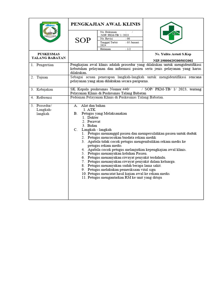 Sop Pengkajian Awal Klinis | PDF