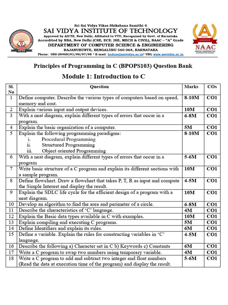 POP Module 1 Question Bank | PDF | Computer Program | Programming
