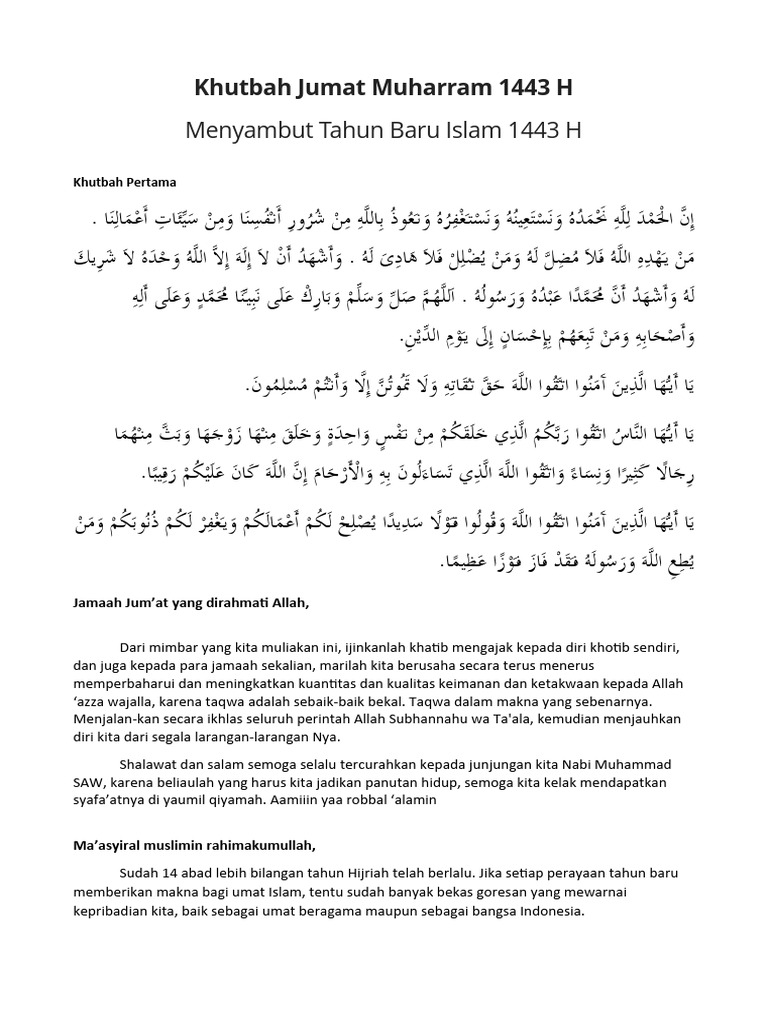 Khutbah Jumat Tahun Baru Muharram 1443 H | PDF