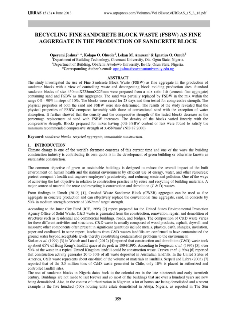Recycling Fine Sandcrete Block Waste FSB | PDF | Concrete | Waste