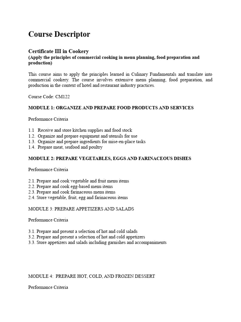 Course Descriptor Cookery | PDF