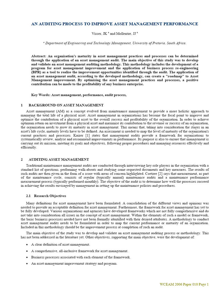 AN AUDITING PROCESS TO IMPROVE ASSET MANAGEMENT PERFORMANCE | PDF | Audit | Methodology