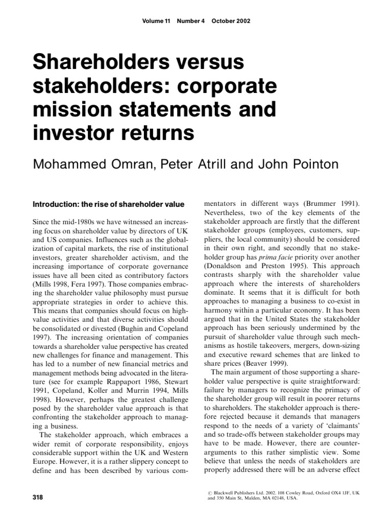 Shareholders Versus Stakeholders: Corporate Mission Statements and ...