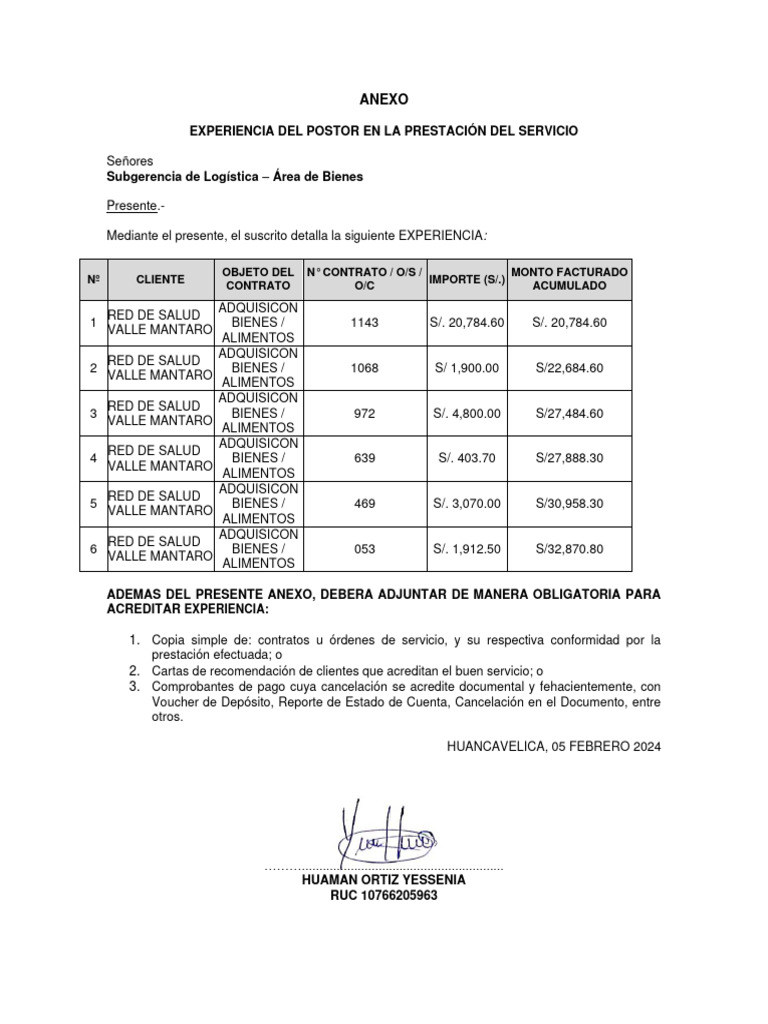 Anexo - Declaracion Jurada Experiencia Postor | PDF