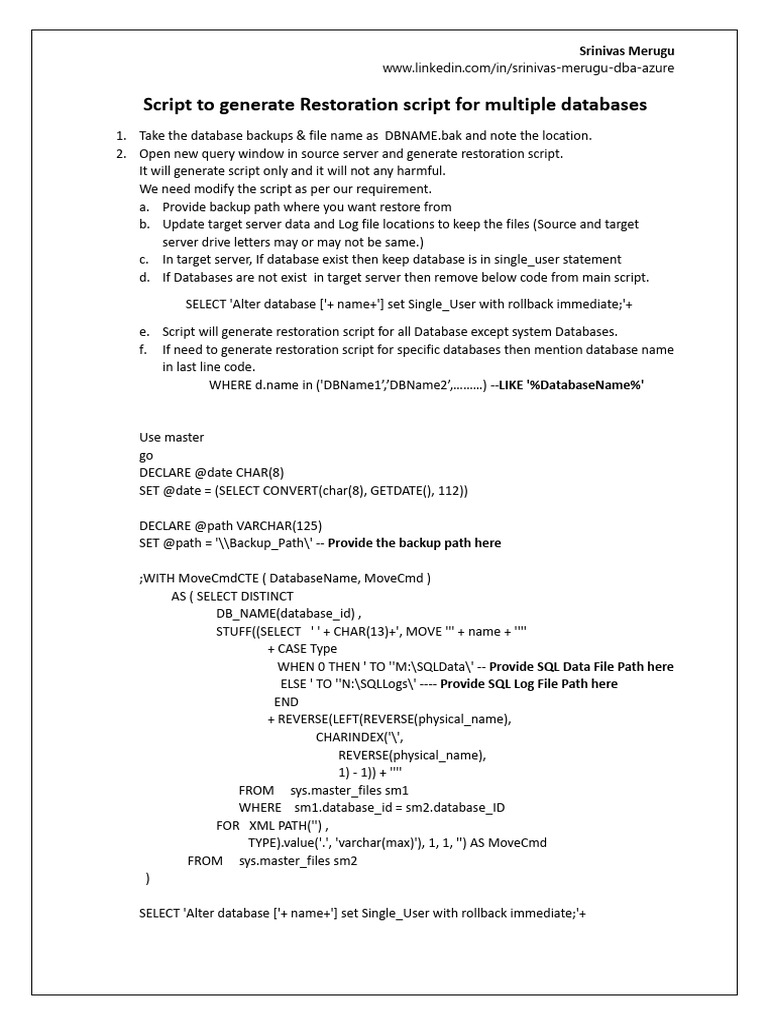 Generate Restoration Script For Multiple Databases 1709698444 | PDF ... Generate Restoration Script For Multiple Databases 1709698444 | PDF ...