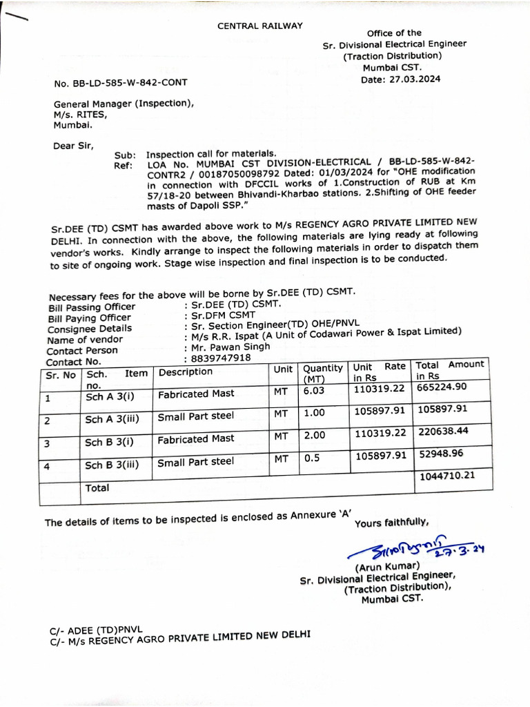 Annexure-C Railways Letter From Approval of Steel | PDF