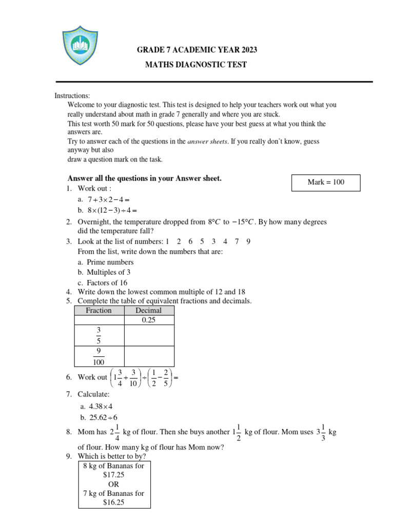 Maths Diagnostic Test - Questions | PDF | Area | Triangle
