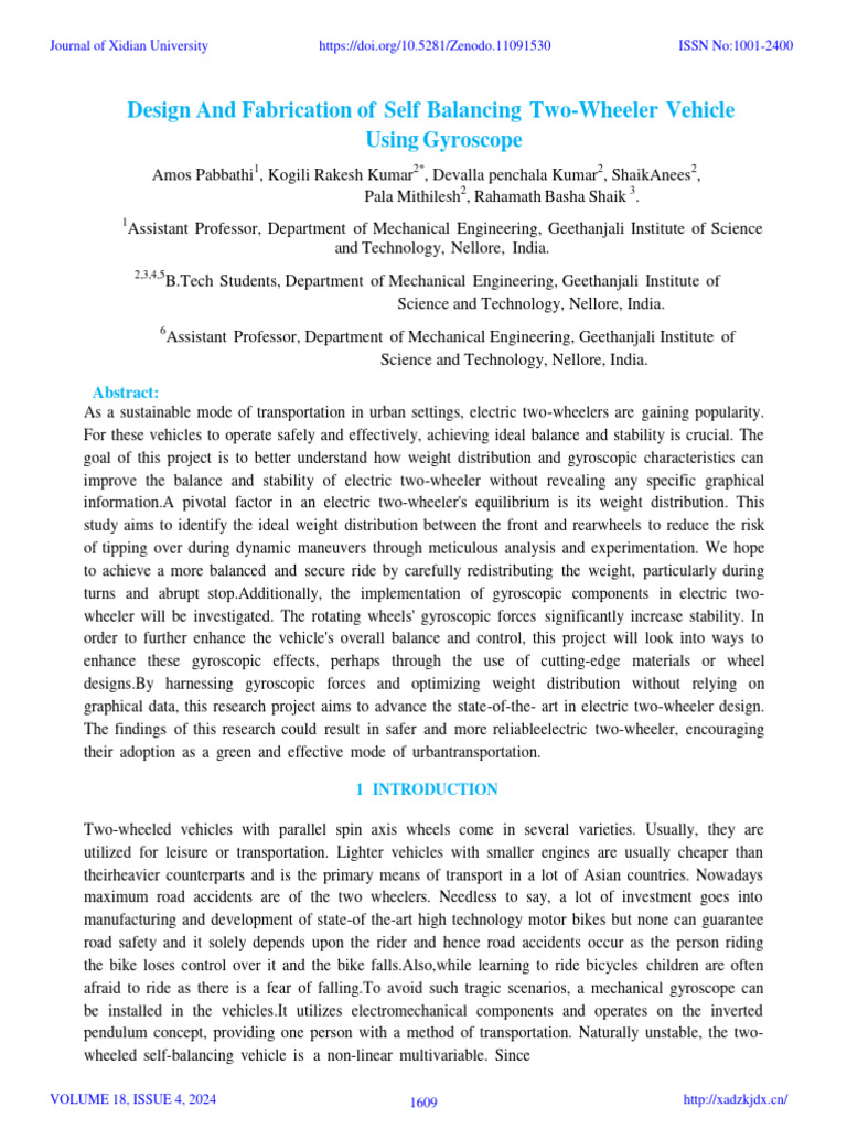 Design and Fabrication of Self Balancing Two-Wheeler Vehicle | PDF ...