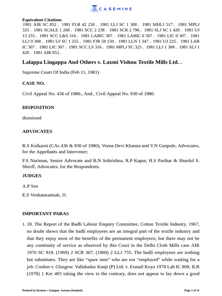 Lalappa Lingappa Case Summary | PDF | Employment | Gratuity