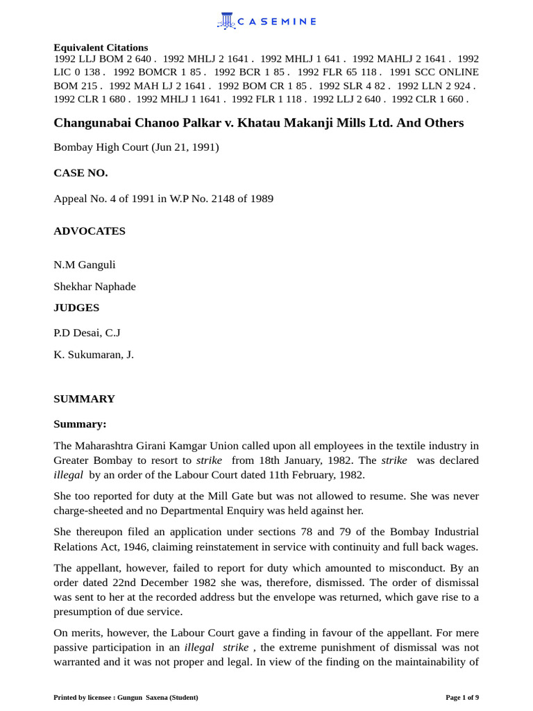 CASEMINE - Changunabai Chanoo Palkar v. Khatau Makanji Mills Ltd. and ...