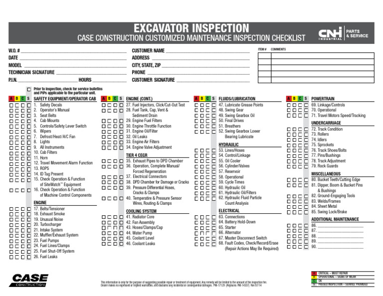 Excavator Inspection Excavator Inspection Checklist | PDF | Leak | Engines
