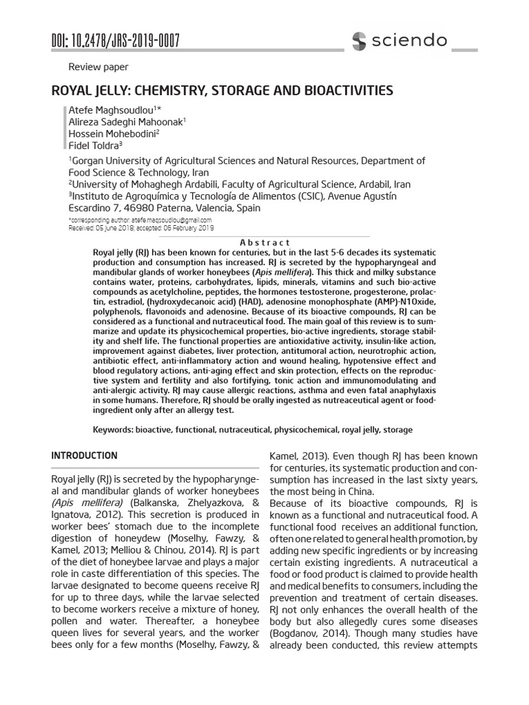 Royal Jelly Chemistry Storage and Bioactivities | PDF | Amino Acid ...