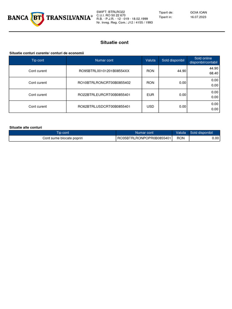 Situatie Cont: Tip Cont Numar Cont Valuta Sold Disponibil Sold Online ...