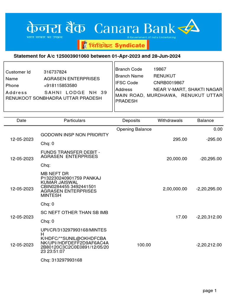 Canara Bank Account Statement Summary | PDF | Financial Services ...