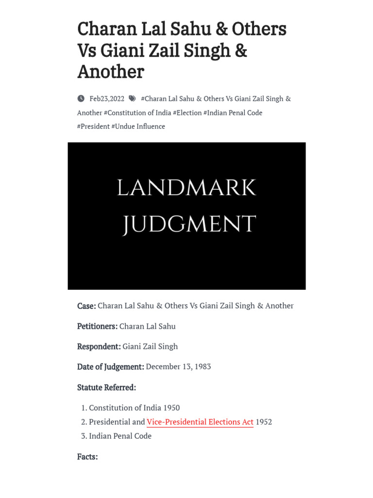 Charan Lal Sahu & Others Vs Giani Zail Singh & Another - Law Insider ...