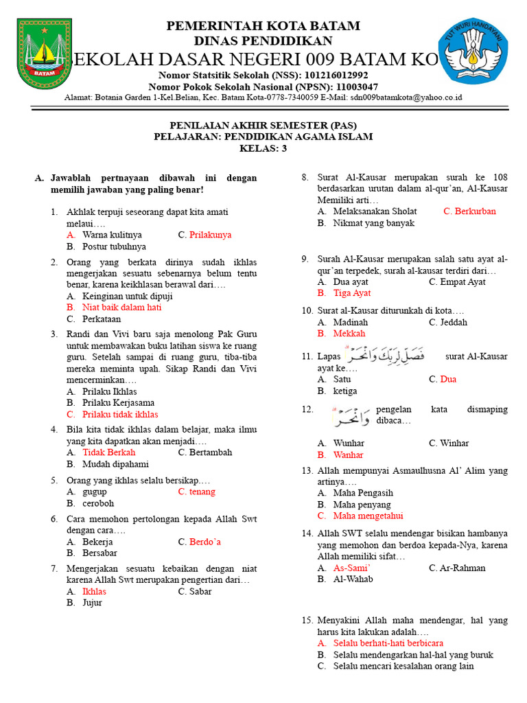 Soal UAS 2024 Kelas 3 | PDF