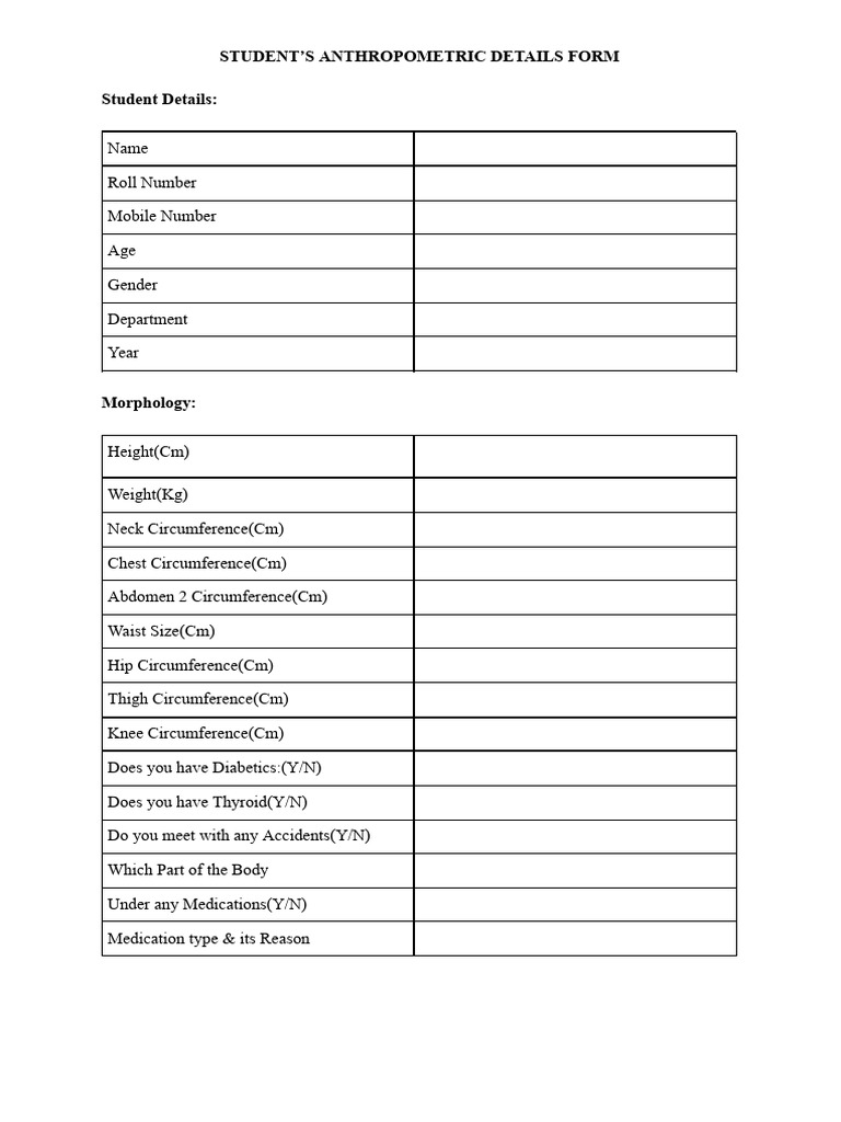 Student's Anthropometric Details Form | PDF