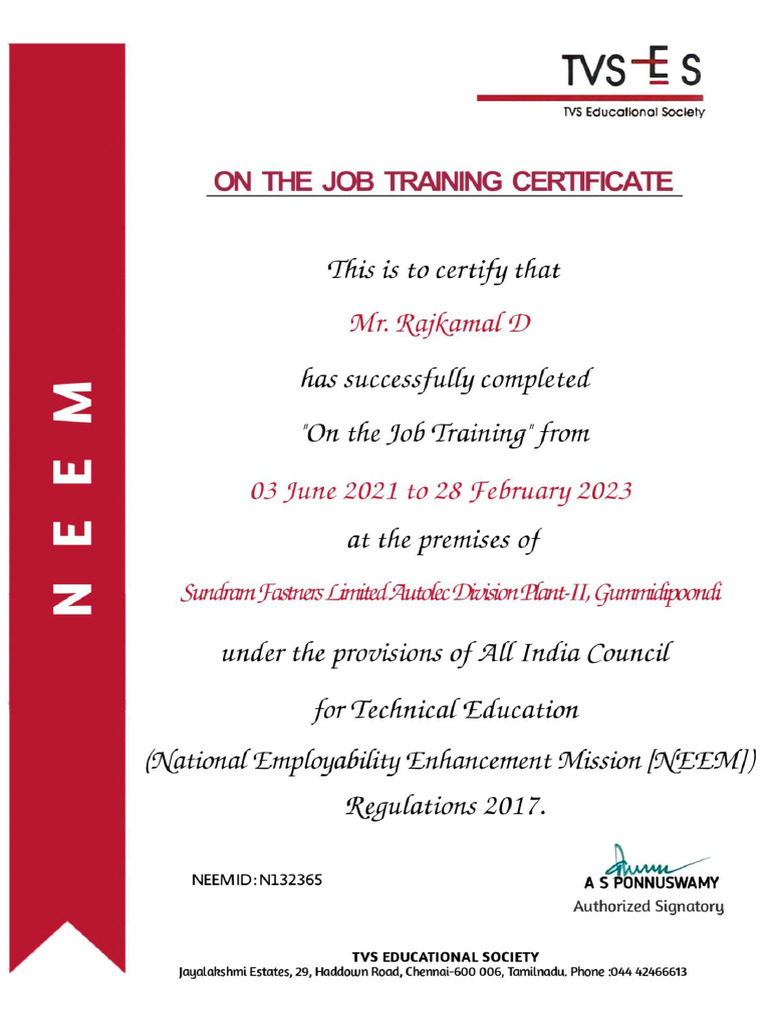 Trainee Certificate Rajkamal | PDF